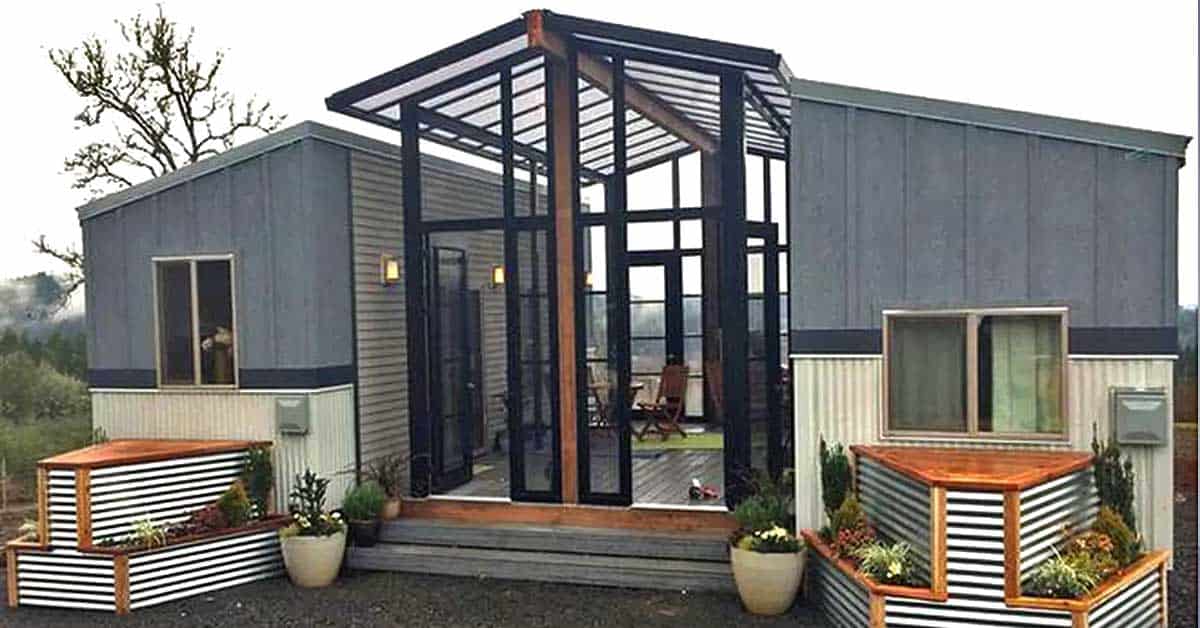 2 tiny houses and an open-air sunroom combine into family home