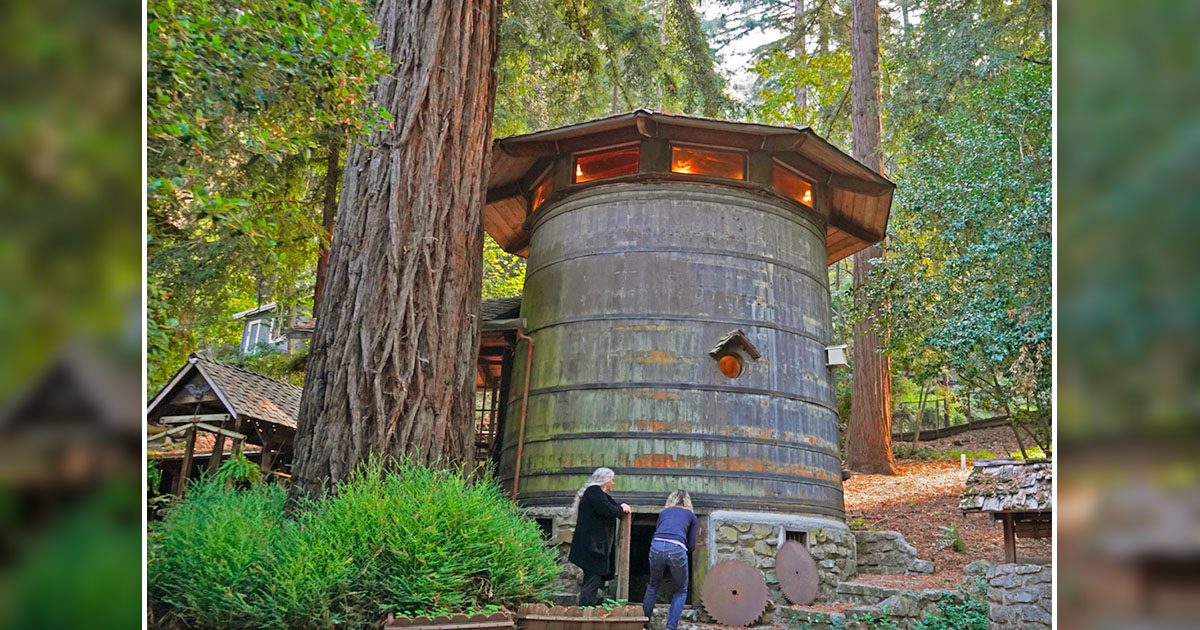 2-Story Wine Barrel Bar Adds Charm to Redwood Log Cabin House