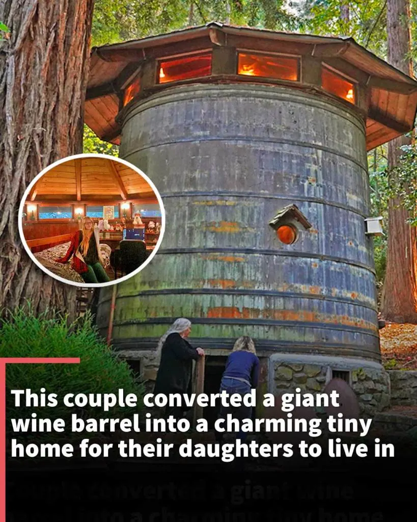 2-Story Wine Barrel Bar Adds Charm to Redwood Log Cabin House