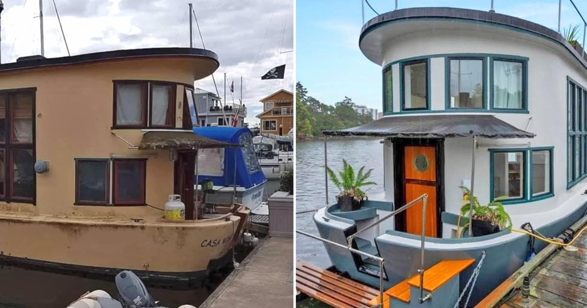 Couple transforms derelict boat into stunning tiny boat house